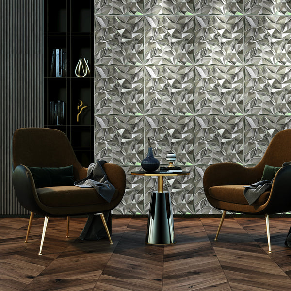 3D PVC Wall Panel, Faceted Diamond Design, Silver, Size: 500x500x1mm P