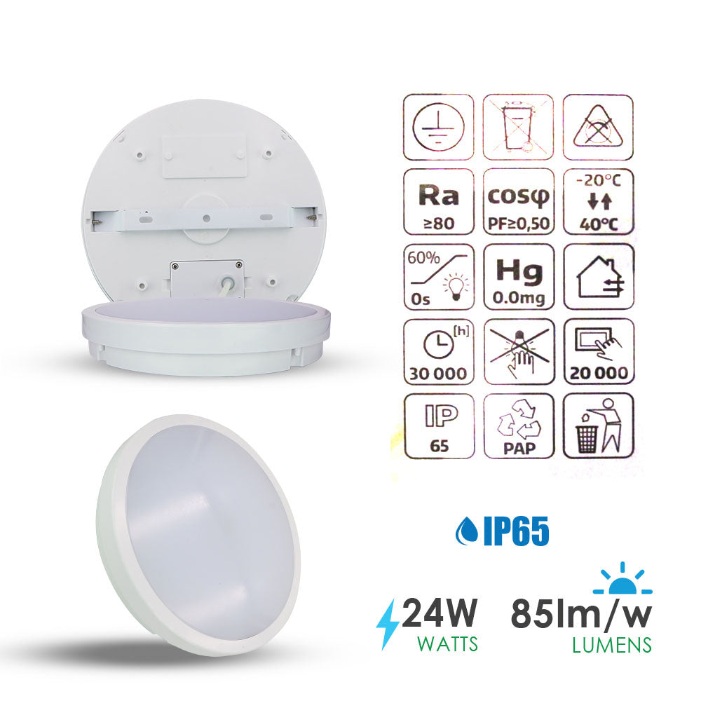 24W LED Bulkhead Ceiling Light IP65 Waterproof 2000 Lumens, Cool White
