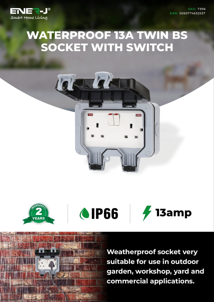 2 Gang Weatherproof 13A Twin Sockets with Switch